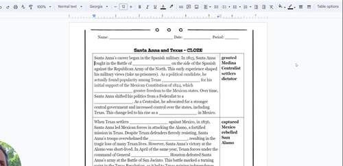 Santa Anna in Texas | CLOZE | 7th Grade | Texas History | Reading