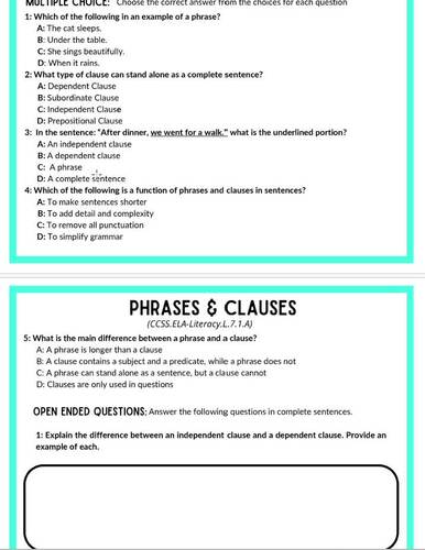 Grammar Worksheets: Phrases & Clauses by Humanities Hotspot | TPT