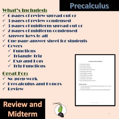 Precalculus Midterm and Review | Functions | Exp. Logs | Trig Functions