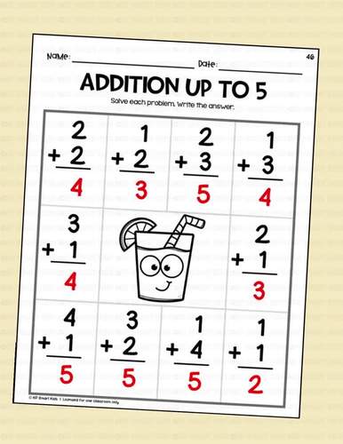 Summer Addition to 5 Worksheets No Prep Math Centers PreK Kindergarten Math