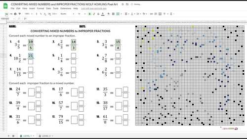Convert Improper Fractions to Mixed Numbers Digital Pixel Art Math Activity
