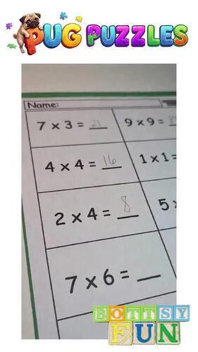 Cut & Paste Multiplication Practice Solve Math Pug Puzzle Spring 3rd 4th