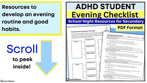 ADHD Student Checklists Evening Routine for Secondary Grades 7 8 9 10 11 12