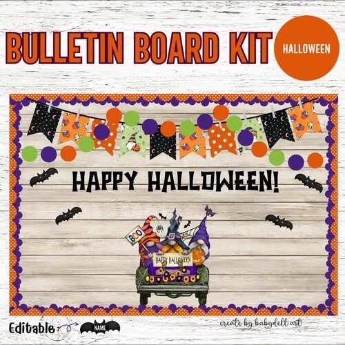 Halloween Gnome Truck Bulletin Board Kit Editable Farmhouse Door Decor