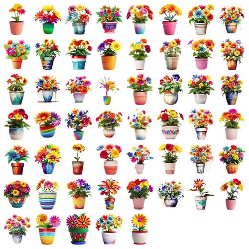 Colorful Flower Pot Clipart Bundle | 53 PNG | Watercolor Floral Pots ...