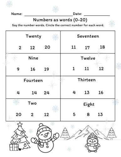 Winter Numbers as Words Worksheets Bundle (0–20, 0–30, 1–120 ...