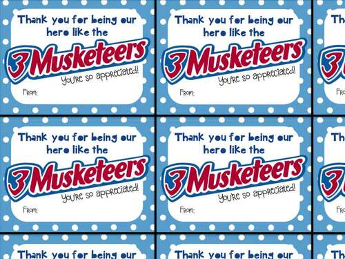 3 Musketeers Chocolate Teacher (Staff) Appreciation Treat Tag | TPT