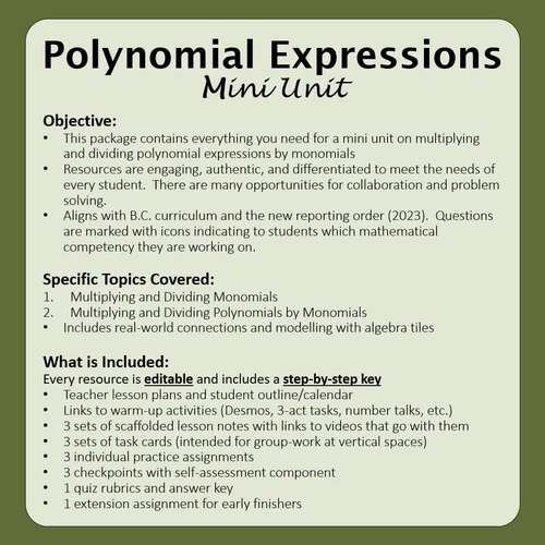 Multiplying & Dividing Polynomial Expressions by Monomials Mini Unit ...