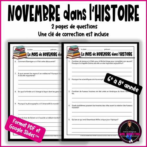 COMPRÉHENSION de LECTURE - NOVEMBRE dans l'HISTOIRE - French Reading Comp