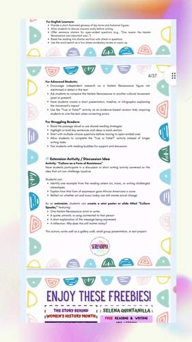 Harlem Renaissance Reading Comprehension Activities Middle School ...