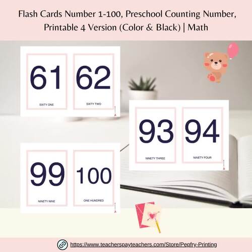Flash Cards Number 1-100, Preschool Counting Number, Printable 4 ...