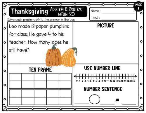 Thanksgiving Addition & Subtraction Word Problems Within 20 | K-2nd ...