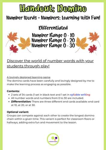Fall Domino Game | Numbers & Number Words 0–30 | Autumn Math Activity