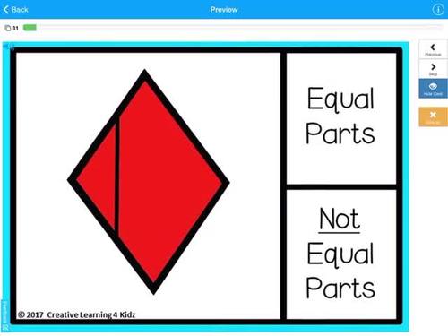 Equal and Not Equal Parts of Shapes Boom Cards for Distance Learning