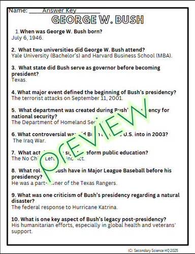 George W. Bush US President Study Guide Worksheet Coloring and Questions