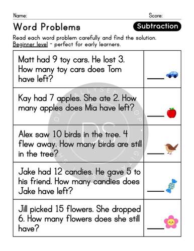100 Problems | Easy Subtraction Word Problems Worksheets | Pre-K to 1st ...