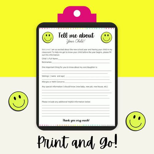 Tell me about your Child! Questionnaire/Parent Form Rainbow Retro Theme
