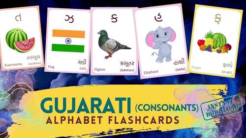 GUJARATI Alphabet FLASHCARD (Consonants) with picture, Learning Gujarati