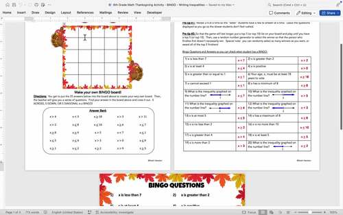 6th Grade Thanksgiving Math Bingo Review Game (Writing Inequalities)