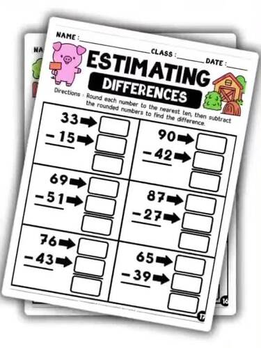 ESTIMATING SUMS AND DIFFERENCES | ROUNDING TO THE NEAREST 10 | PIG THEME