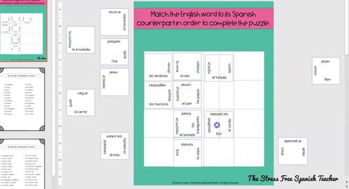 Spanish DIGITAL Puzzles LA CENA dinner LA COMIDA food | TPT