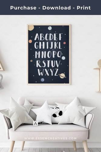 Solar System Alphabet Poster, Navy Space ABC Print for Nursery ...