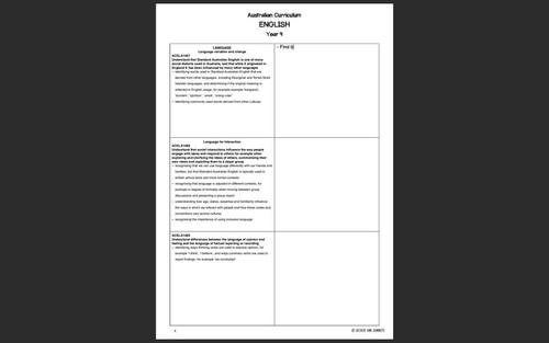 Australian Curriculum English Year 4 Checklist and DIGITAL Notes