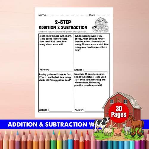 Grade 2 Farm 2-Step Word Problems | Addition & Subtraction Worksheets ...