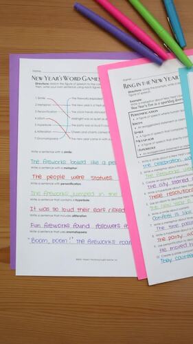 New Years Figurative Language and Personification Worksheets and Activities