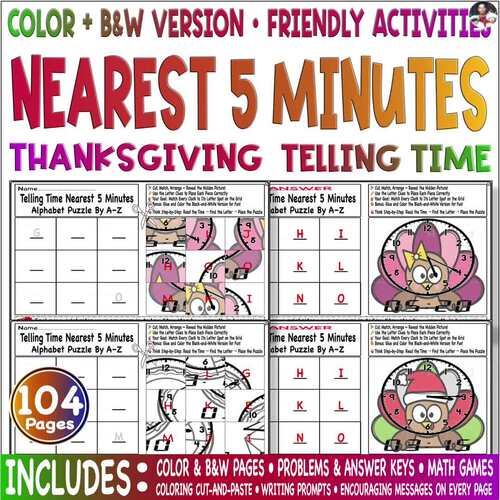 Telling Time Thanksgiving : Cut, Paste, Color Clock with A–Z, Nearest 5 ...