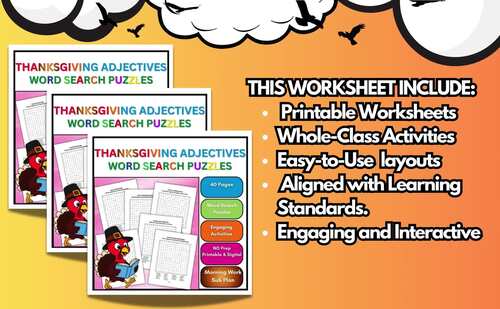 Thanksgiving Adjectives Word Search Activities Morning Work 4th,5th,6th ...
