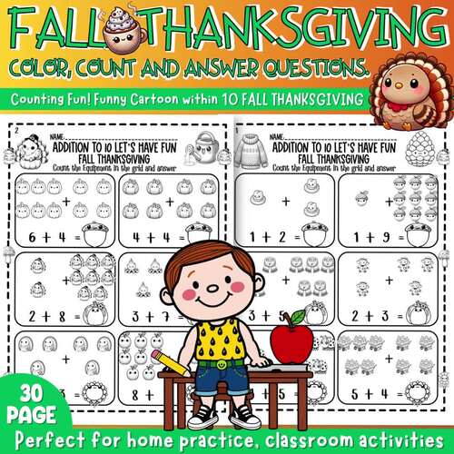Thanksgiving Color, Count, and Answer Activity, Fall Math Printable ...