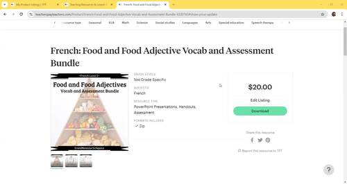 French: Food and Food Adjective Vocab and Assessment Bundle | TPT