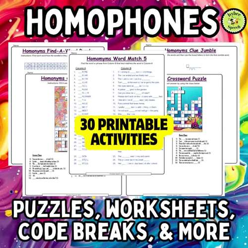Homophones Printables Pack Worksheets and Puzzles by Ivybee Speech
