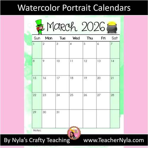 2026 - 2027 Calendars Editable Watercolor for PowerPoint and Google Slides™