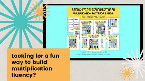 Multiplication Bingo Game for facts 8 and 9, Math Fluency Games, Math Facts