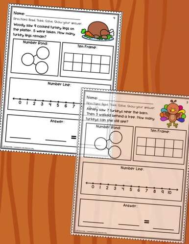 Thanksgiving Subtraction Word Problems to 10 Number Bond, Ten Frame ...