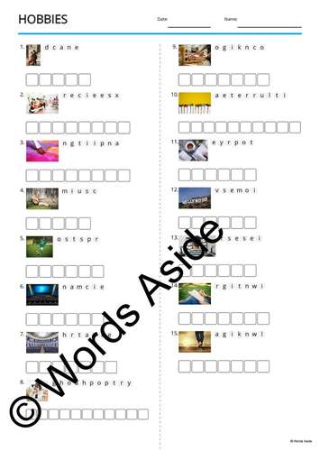 Vocabulary Puzzle Writing Worksheets Crossword Word Search Anagram HOBBIES