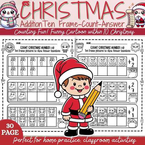 Christmas Ten Frame Addition Count and Add Within 10 Activity Worksheet