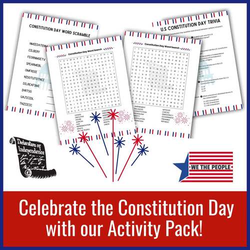 US Constitution Day Word Search , Word Scramble, Trivia Activity Pack