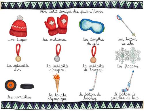 FRENCH VOCABULARY CARDS JEUX HIVER - Mots de vocabulaire - script et cursif
