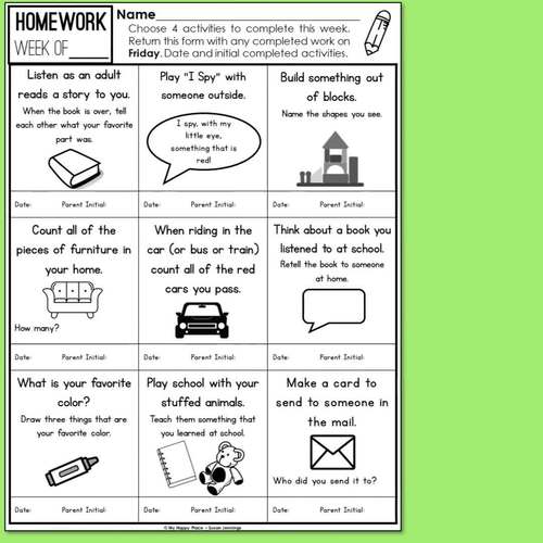 Kindergarten Homework Choice Boards – 36 Homework Menus – Homework Bingo