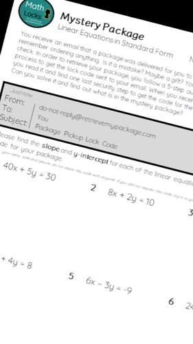 Standard Form Equations Math Locks | Mystery Package | Slope & Y-intercept