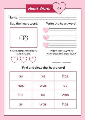 Science of Reading Heart Words & Sight Words Worksheets ,Phonics ...