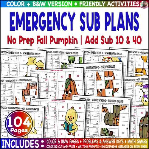 Emergency Sub Plans | Fall Pumpkin & Duck | Add Sub 10 & 40 Mystery ...