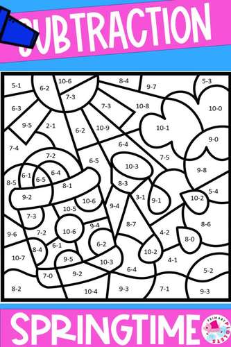Spring & Summer Subtraction Color by Number by Primary Piglets | TpT