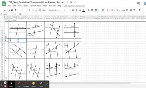 Geometry Parallel Lines Cut By a Transversal Digital Pixel Art Puzzle