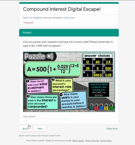 Compound Interest Financial Literacy Digital Math Escape Room Activity
