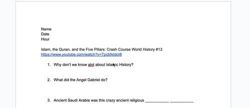 Crash Course Islam Video Worksheet | World History #13 | Quran & Five ...
