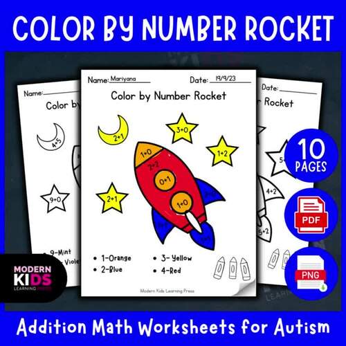 Color by Number Rocket - Addition Math Worksheets for Autism | TPT